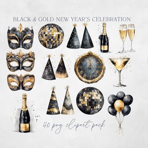 Happy New Year Clipart Black and Gold 2025, Watercolor New Years Eve ...