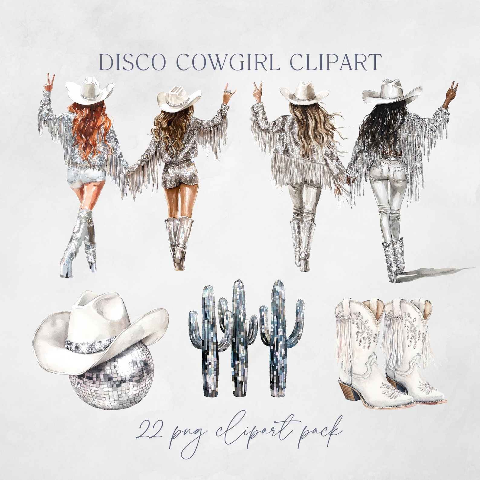 Disco Cowgirl Clipart, Watercolor Western Disco Ball Png for Cowgirl ...