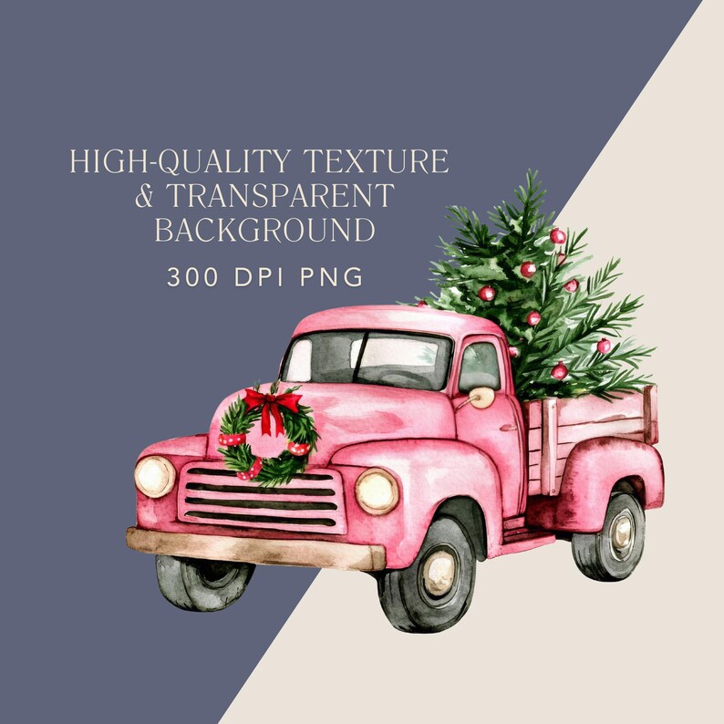 Pink Truck Clipart, Christmas Truck Png, Watercolor Clipart of Vintage ...