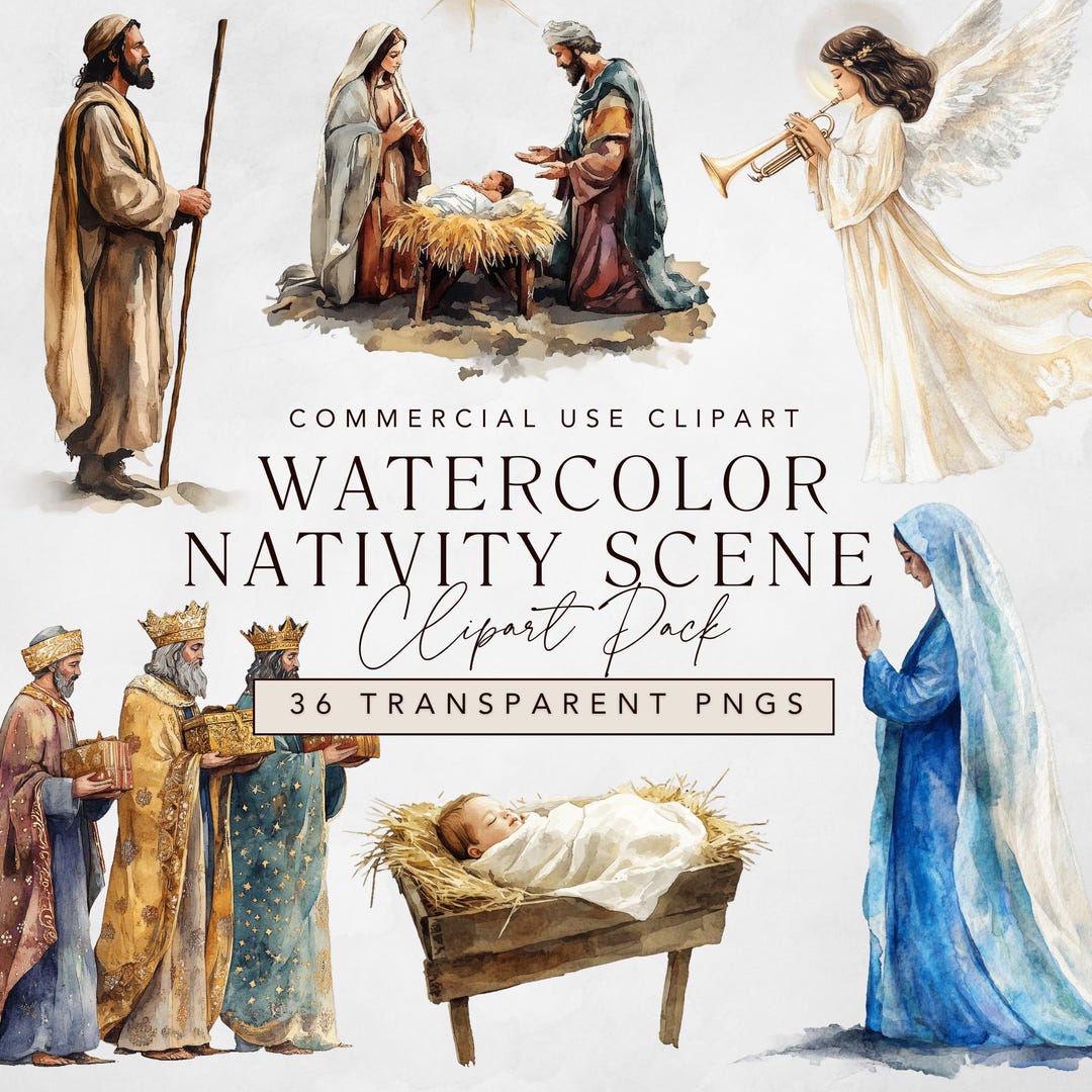 Nativity Scene Watercolor Clipart, Commercial Use Nativity Scene Png ...