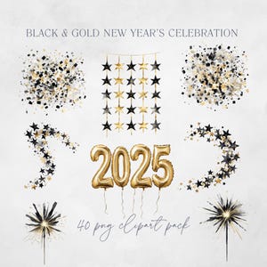 Happy New Year Clipart Black and Gold 2025, Watercolor New Years Eve ...