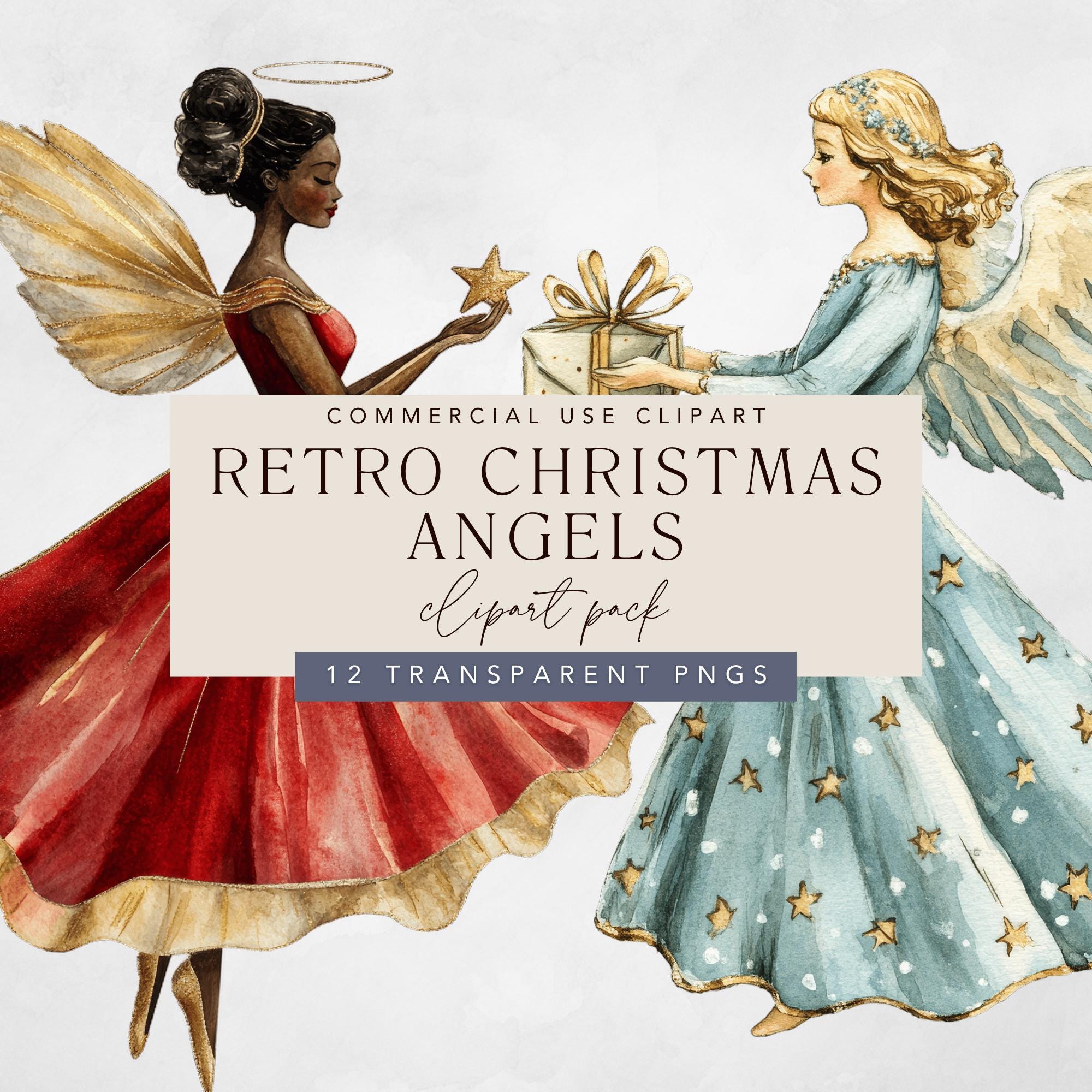 Retro Christmas Angel Clipart, Vintage Watercolor Victorian Angel Clip ...