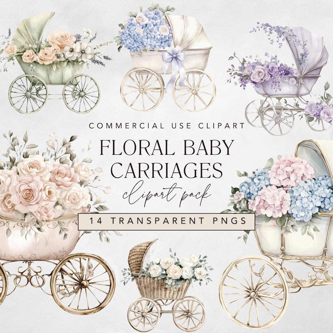 Baby Carriage Flower Clipart, Watercolor Floral Baby Stroller, Pram for ...