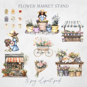 Flower Market Clipart: Watercolor Florist Stand, Spring Blooms (PNG ...