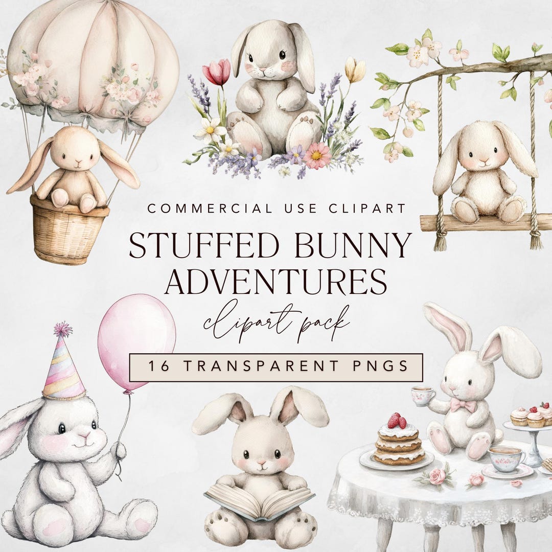 Stuffed Bunny Clipart With Watercolor Cute Rabbit Stuffed Animal Png ...