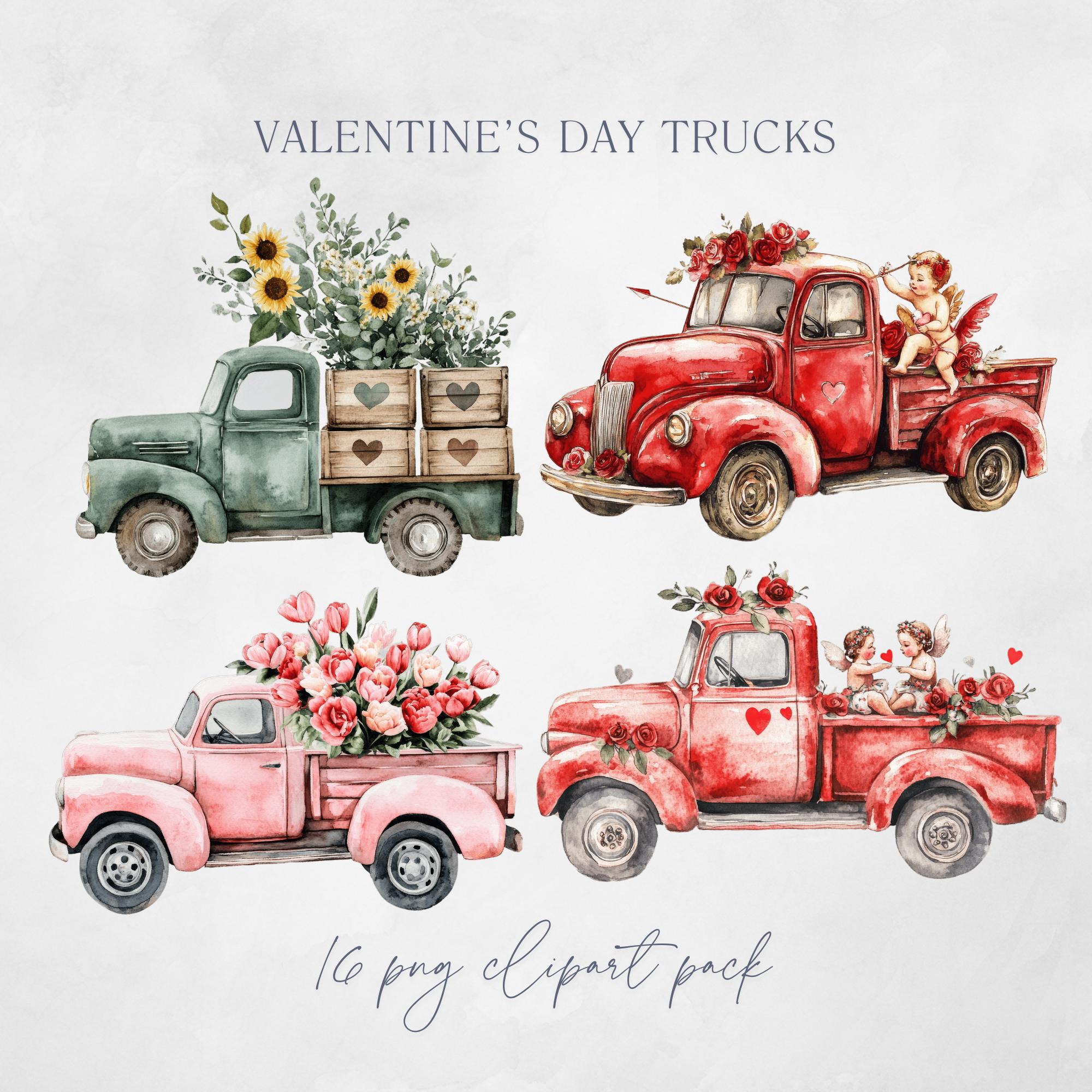 Valentine Truck Clipart, Watercolor Clipart W/ Pink Truck, Truck With ...