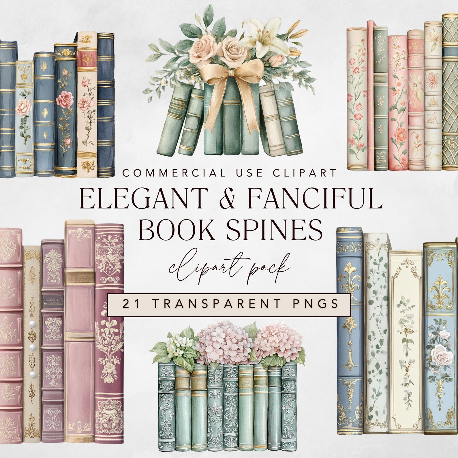 Book Spines Clipart, Ornate and Vintage Book Spine Watercolor Png ...
