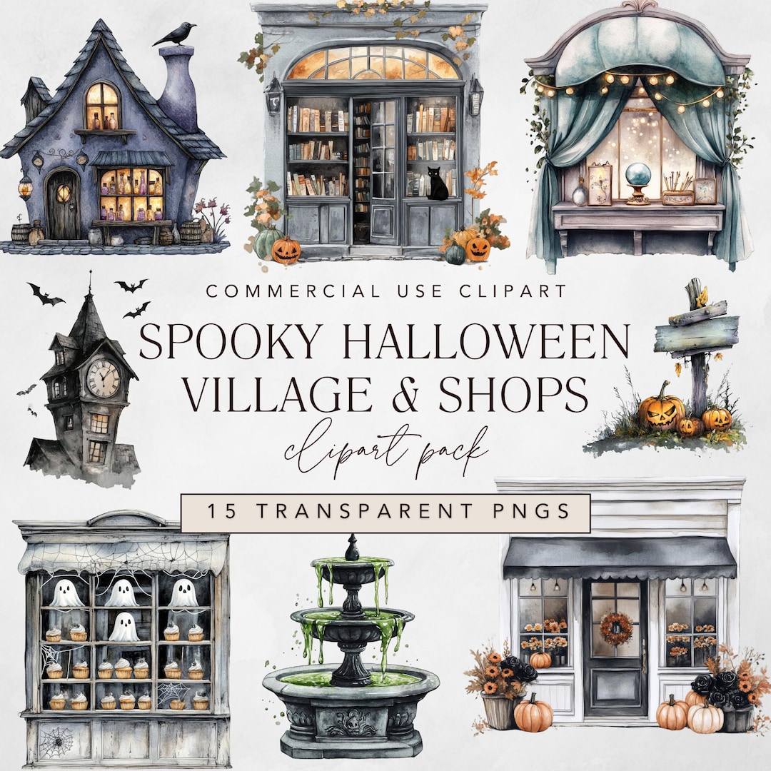 Halloween Village Clipart With Watercolor Haunted House and Town With ...
