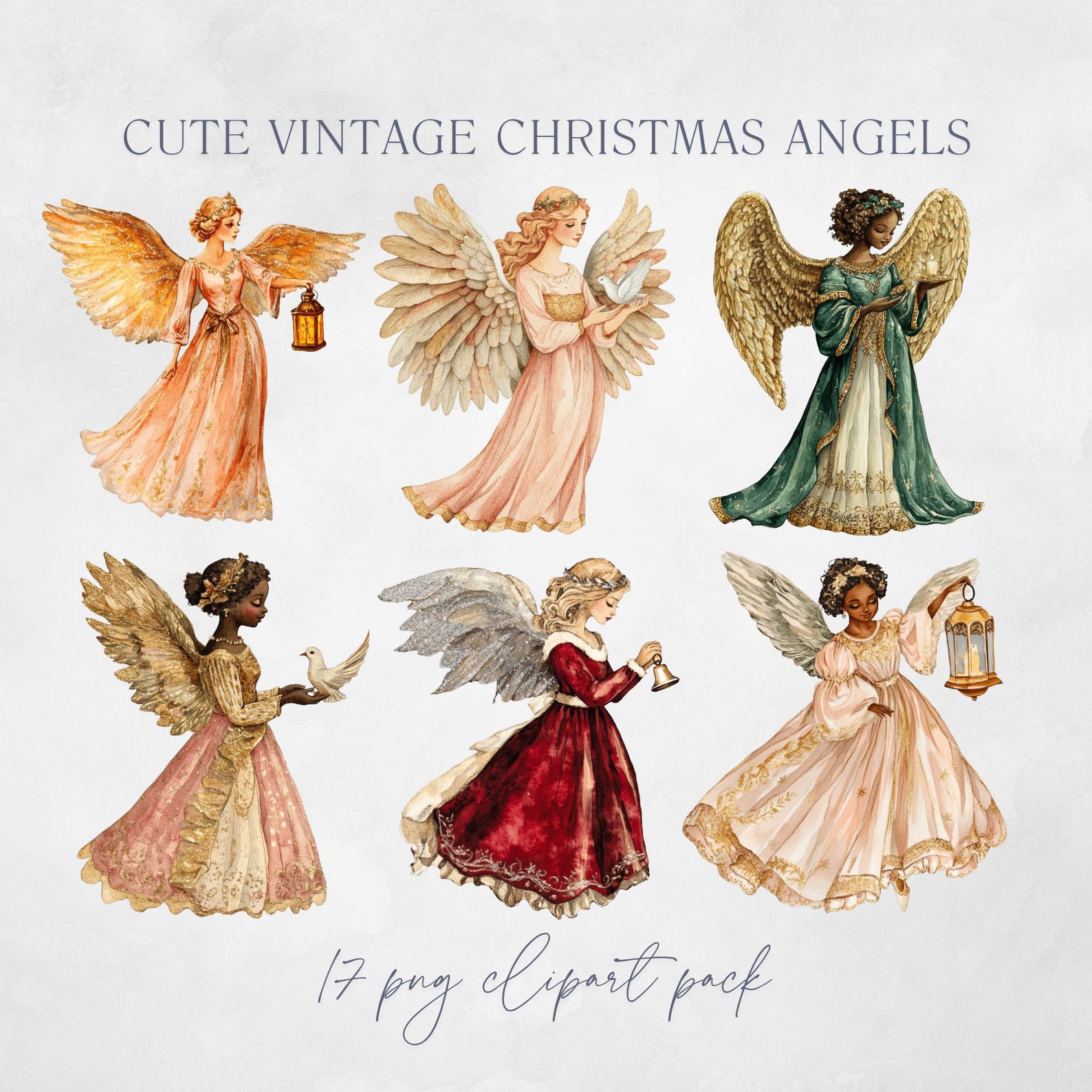 Retro Christmas Angel and Vintage Victorian Angels Clipart, Watercolor ...