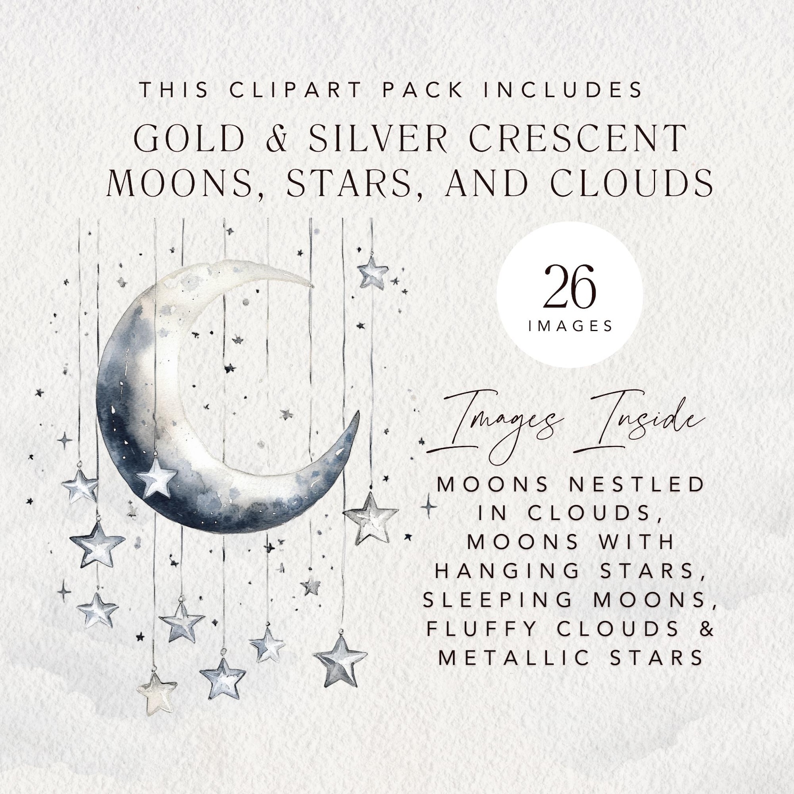 Over the Moon Clipart, Watercolor Crescent Moon and Star Png Bundle ...