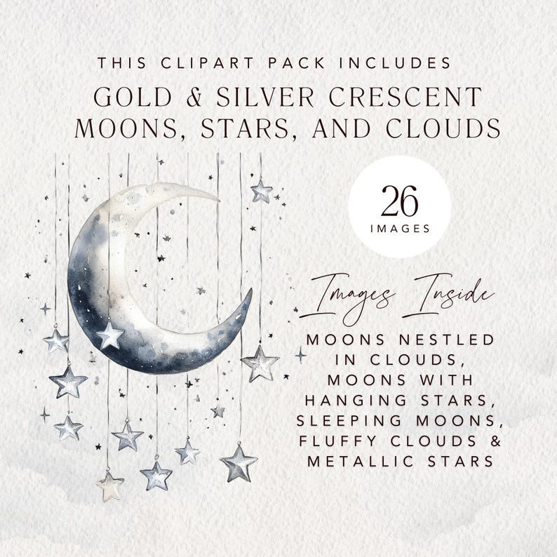 Over the Moon Clipart, Watercolor Crescent Moon and Star Png Bundle ...