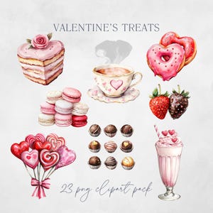 Valentine Treats Clipart, Watercolor Dessert + Valentines Day Sweet ...