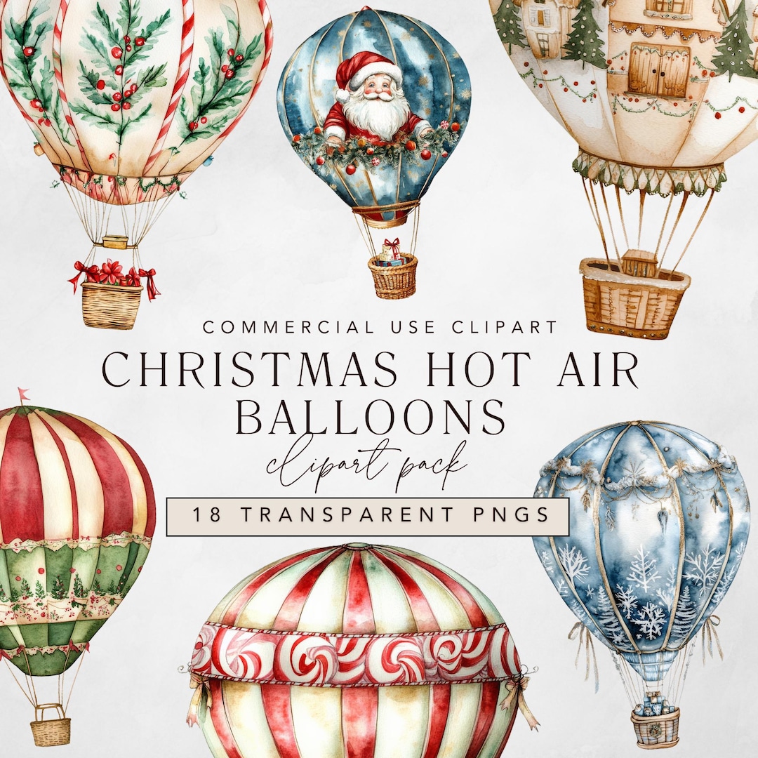 Christmas Hot Air Balloon Clipart Featuring Santa Claus and Festive ...