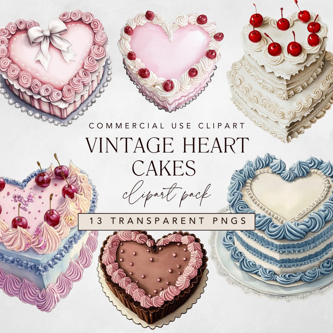 Heart Cake Clipart for Valentines Day, Vintage Cake Png in Watercolor W ...