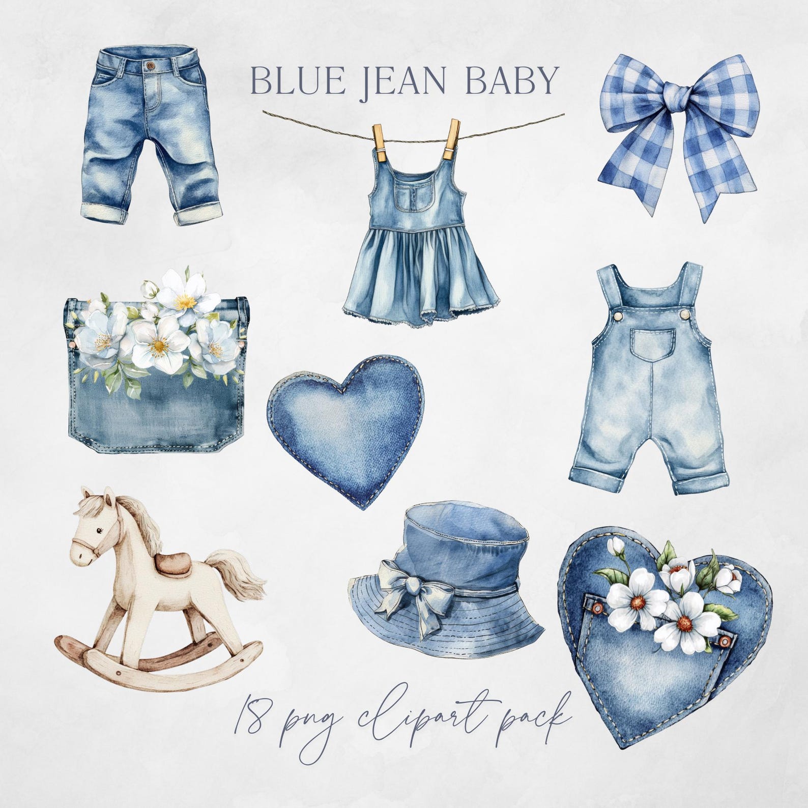 Blue Jean Baby Watercolor Clipart With Denim Jacket and Jeans ...