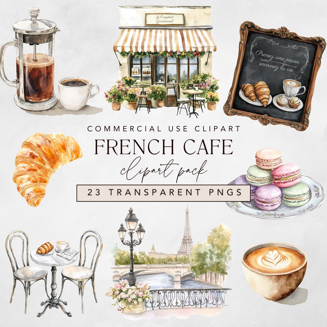 French Cafe Clipart, Parisian Patisserie, Coffee Shop + Watercolor ...