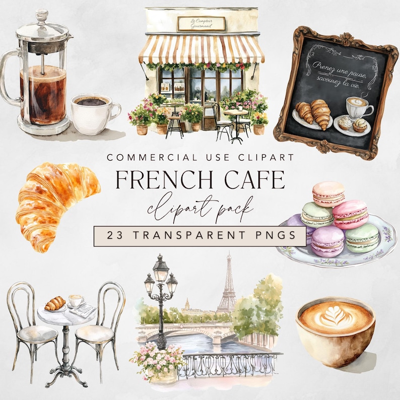 French Cafe Clipart, Parisian Patisserie, Coffee Shop + Watercolor ...