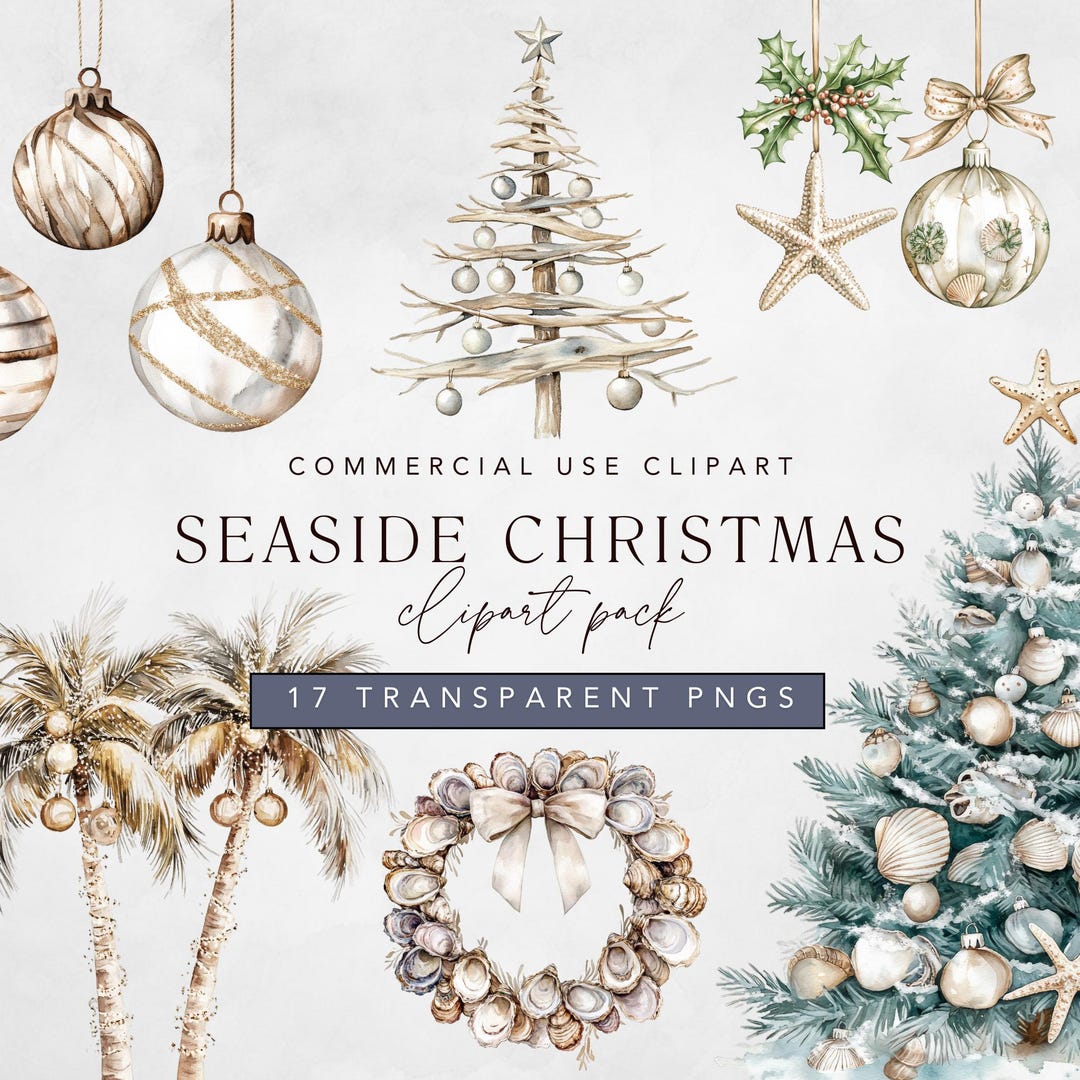 Coastal Christmas Clipart W/ Tropical Beach Holiday in Neutral ...