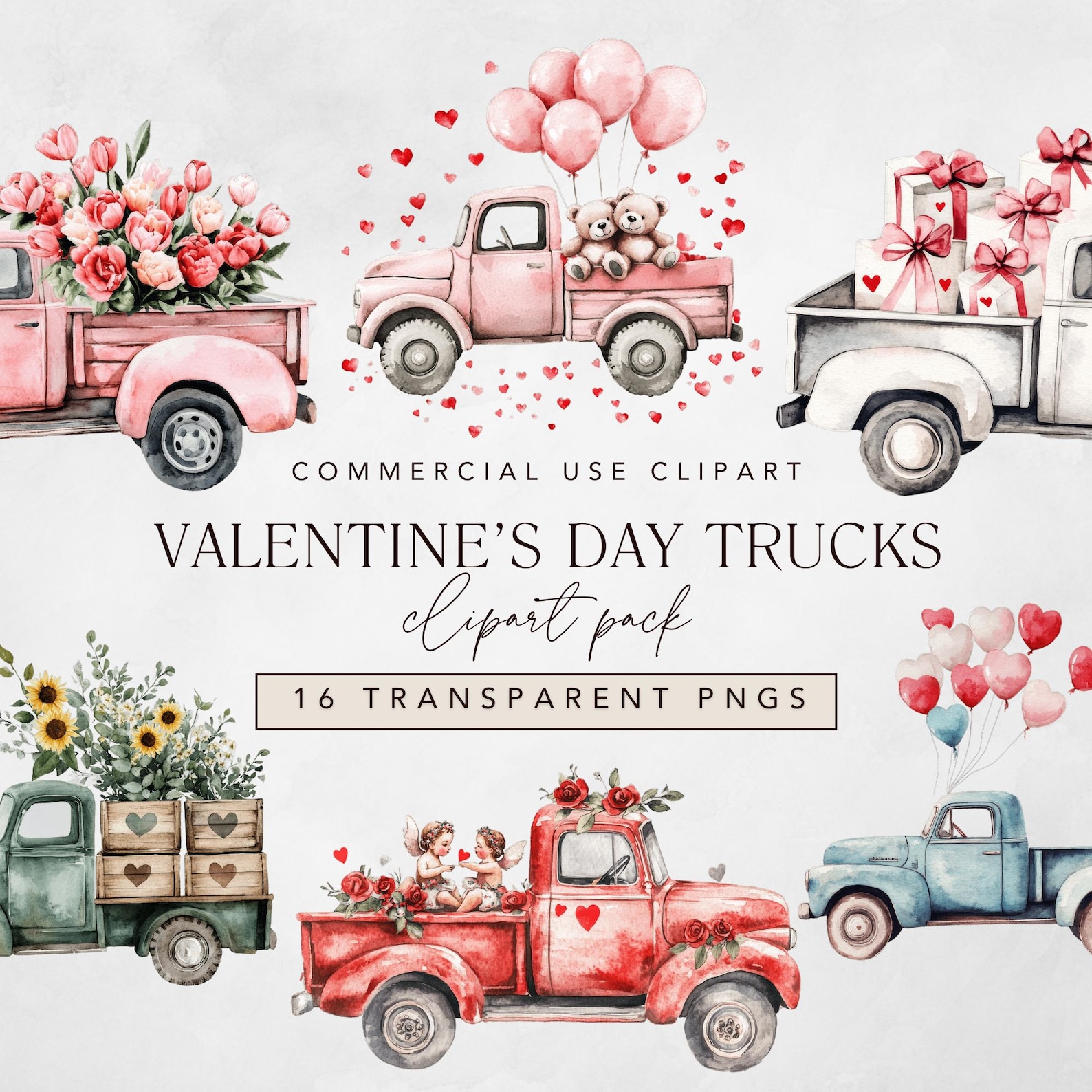 Valentine Truck Clipart, Watercolor Clipart W/ Pink Truck, Truck With ...