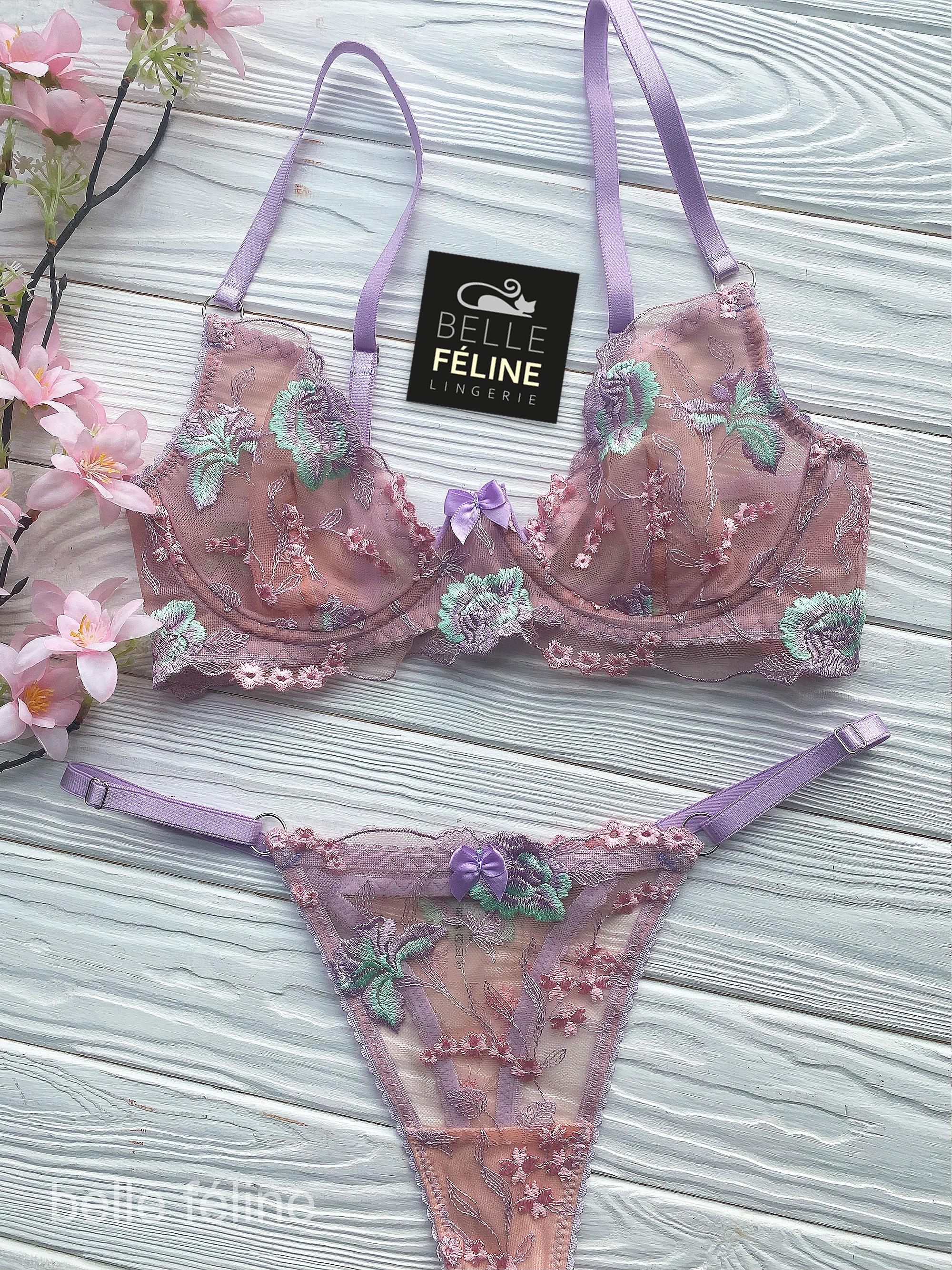 Handmade Sheer Lace Lingerie Set: Floral Lavender, Pastel Green - Etsy