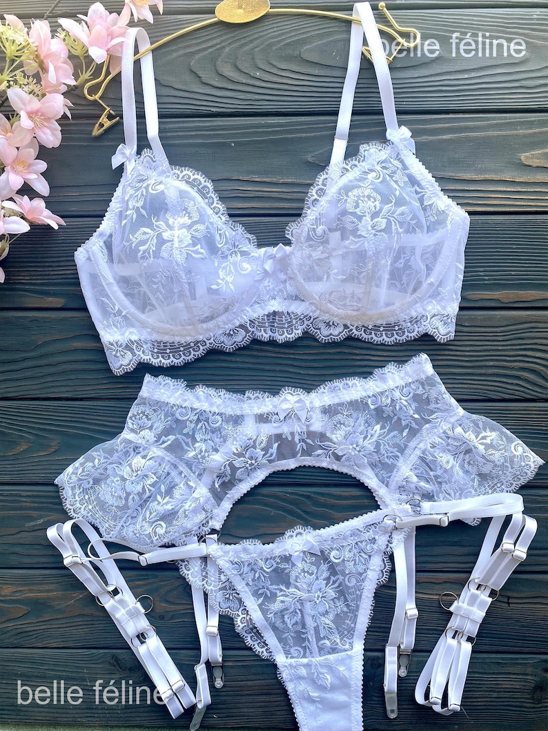 White Sheer Lace Lingerie Set With Floral Embroidery — Bridal Garter ...