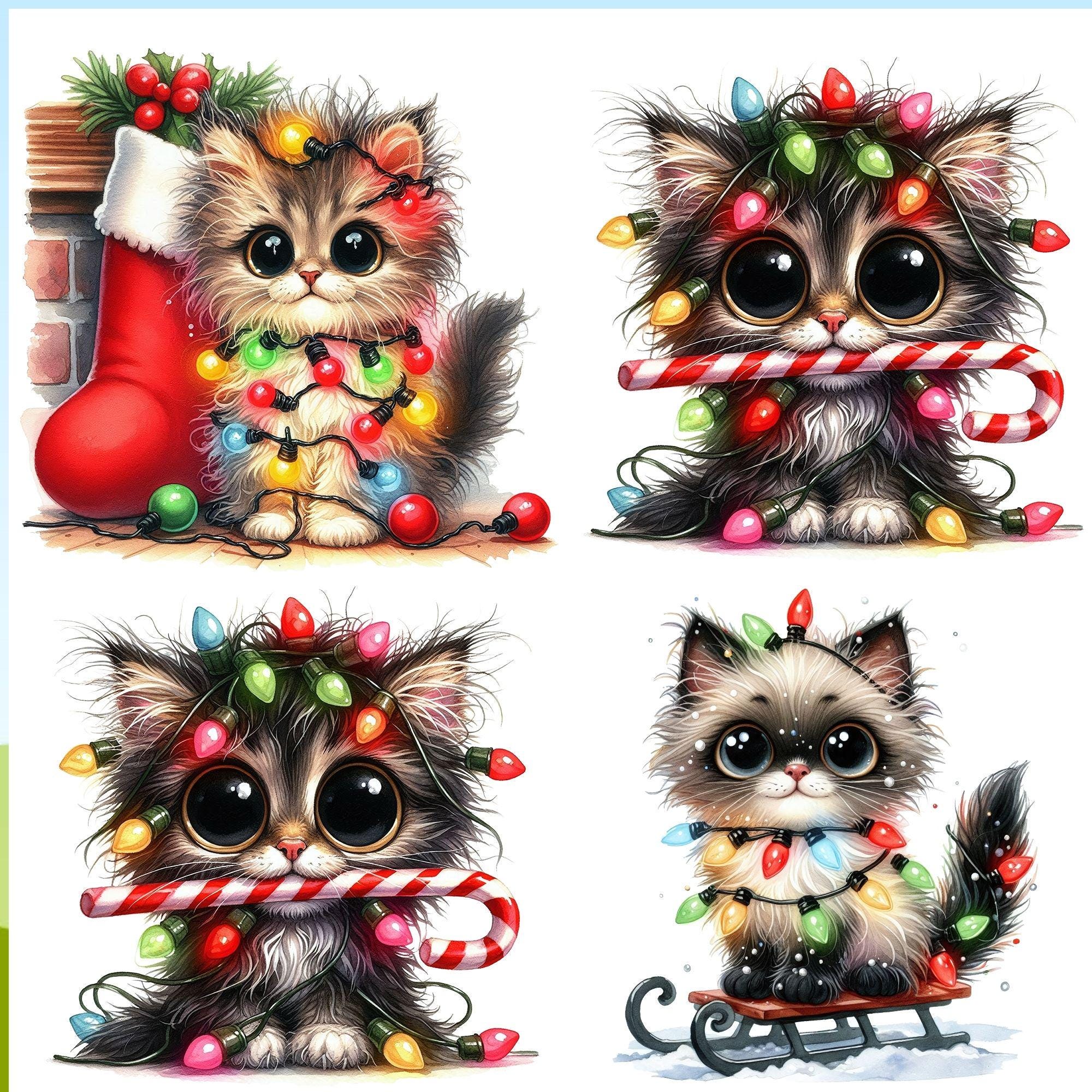 15 Cats Christmas Clipart Bundle, Watercolor Kitten Christmas Lights ...