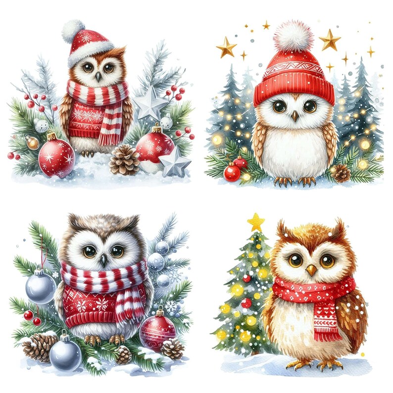 15 Winter Owl Clipart Bundle, Watercolor Christmas Owl Clipart, Animal ...