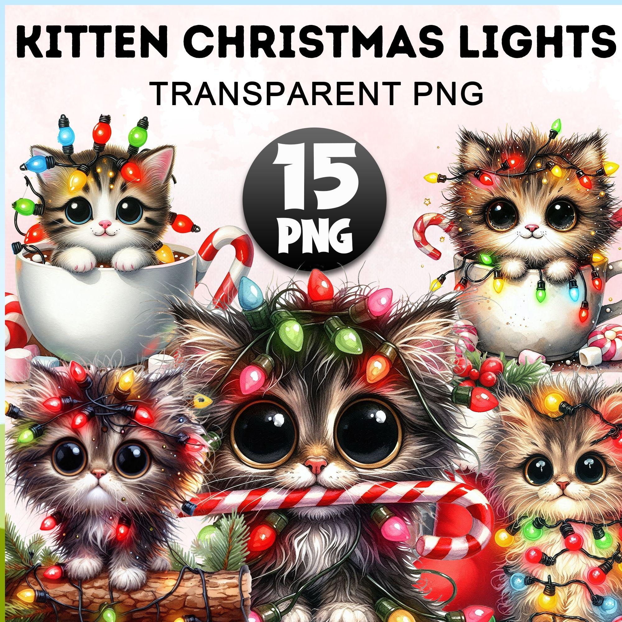 15 Cats Christmas Clipart Bundle, Watercolor Kitten Christmas Lights ...
