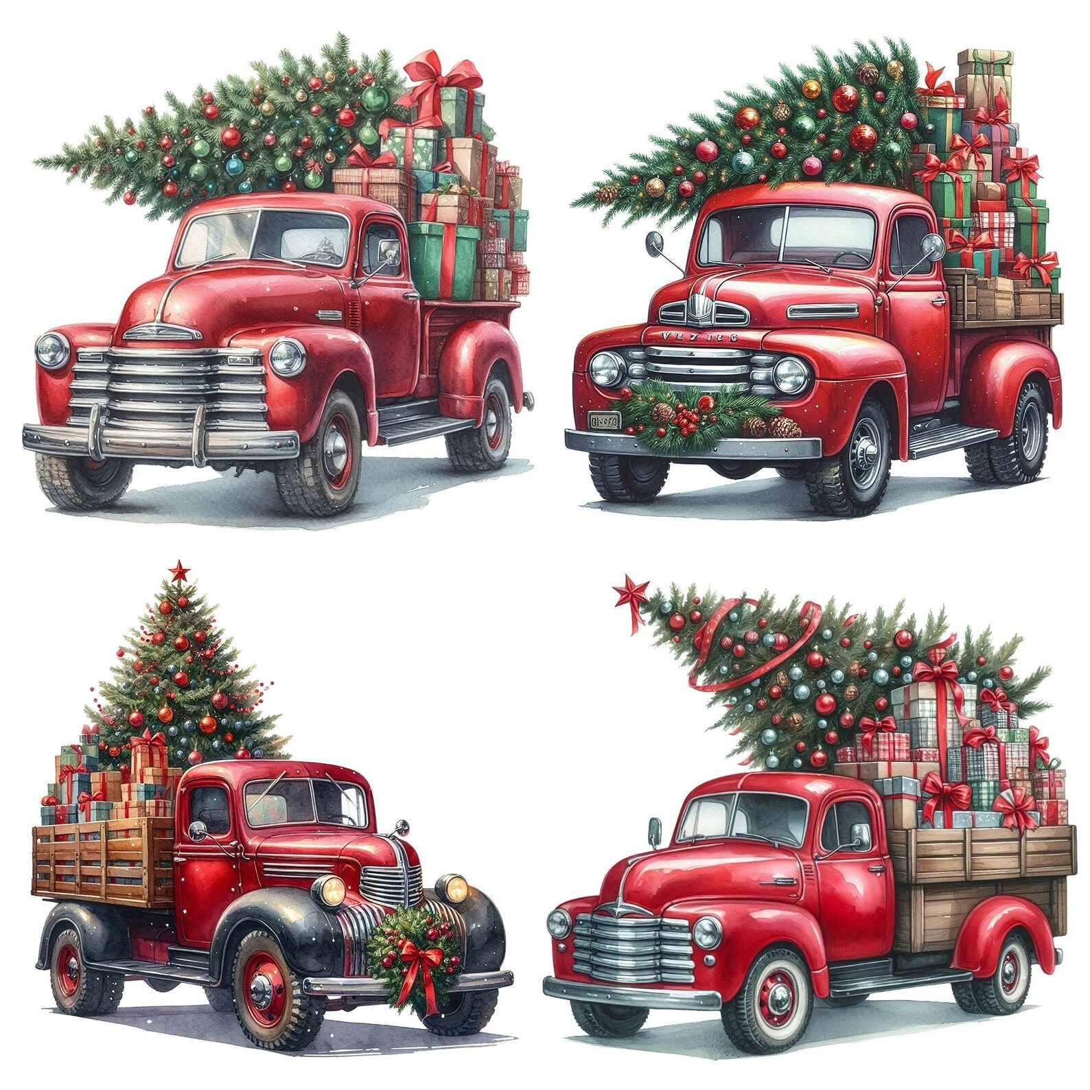 Watercolor Red Christmas Truck Clipart, Vintage Truck Png Bundle ...
