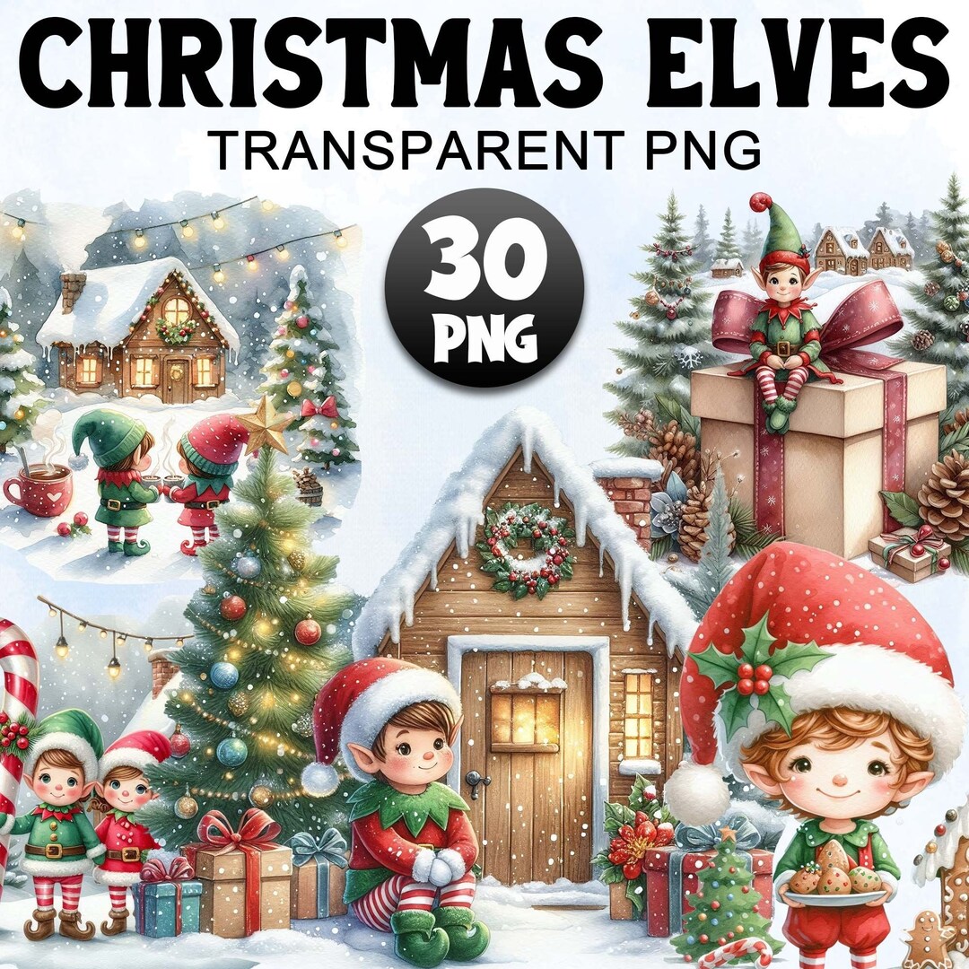 Watercolor Christmas Elves Clipart, Cheeky Christmas Elves Png Bundle ...