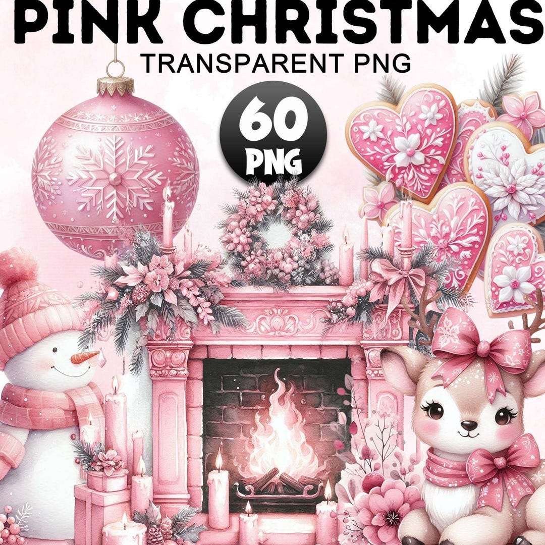 60 Festive Holiday Clipart Bundle, Watercolor Exquisite Pink Christmas ...