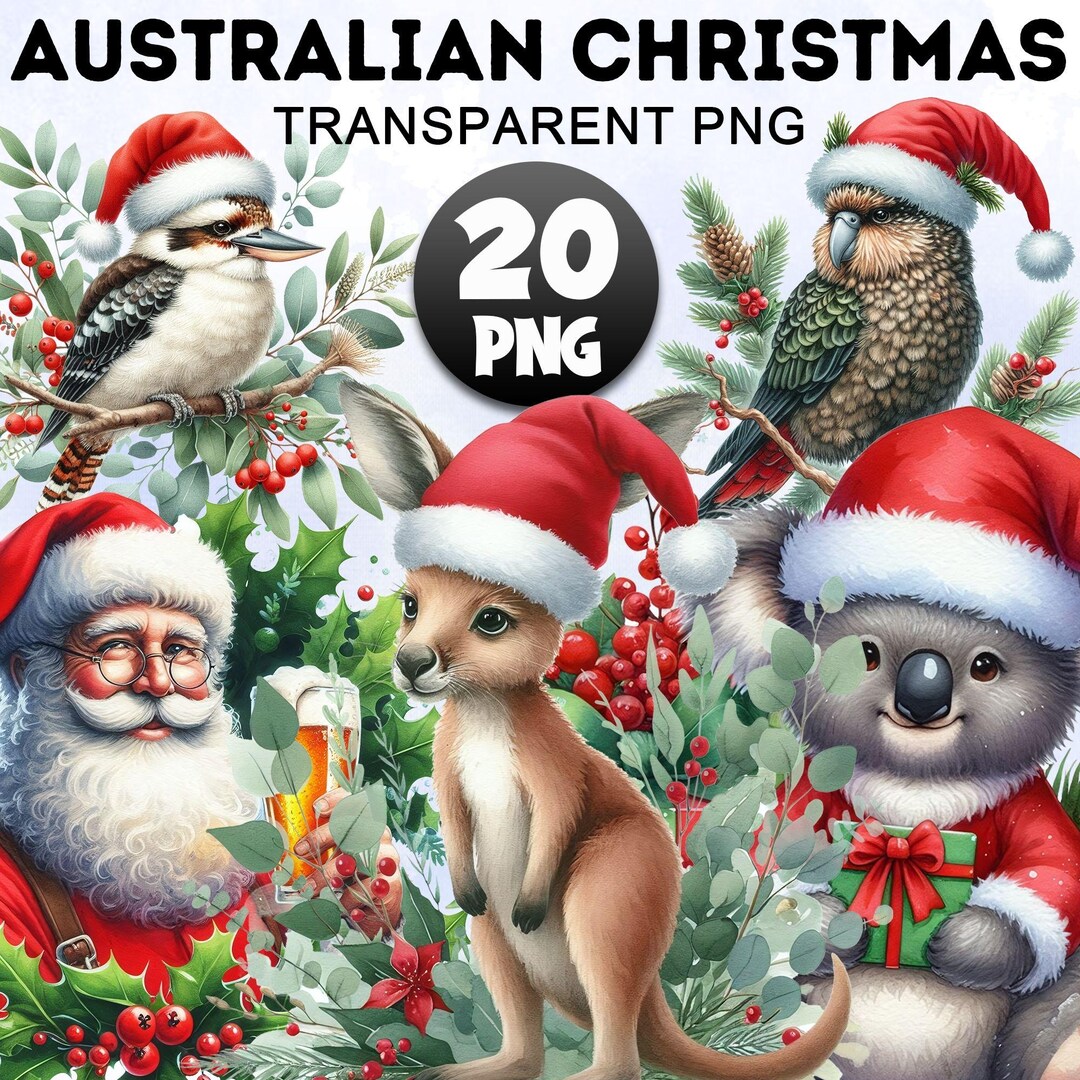 Watercolor Australia Christmas Clipart, Aussie Xmas Png Bundle ...