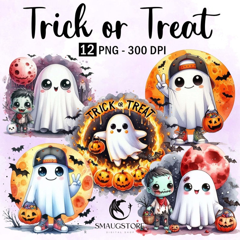 10 Trick or Treat Clipart Bundle, Cute Ghost Witches Vampires Mummies ...