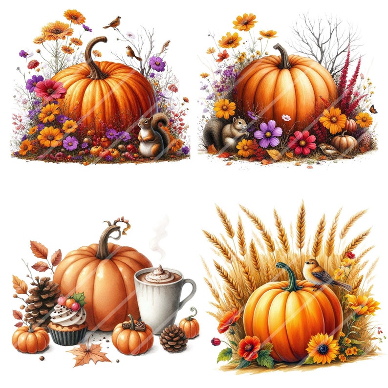 10 Fall Pumpkin Watercolor Clipart, Fall Pumpkins Clipart Bundle ...