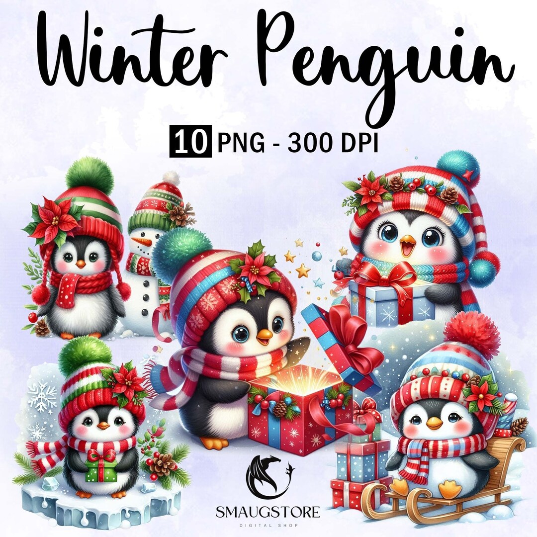 10 Christmas Penguin Clipart Bundle, Watercolor Winter Penguin Clipart ...