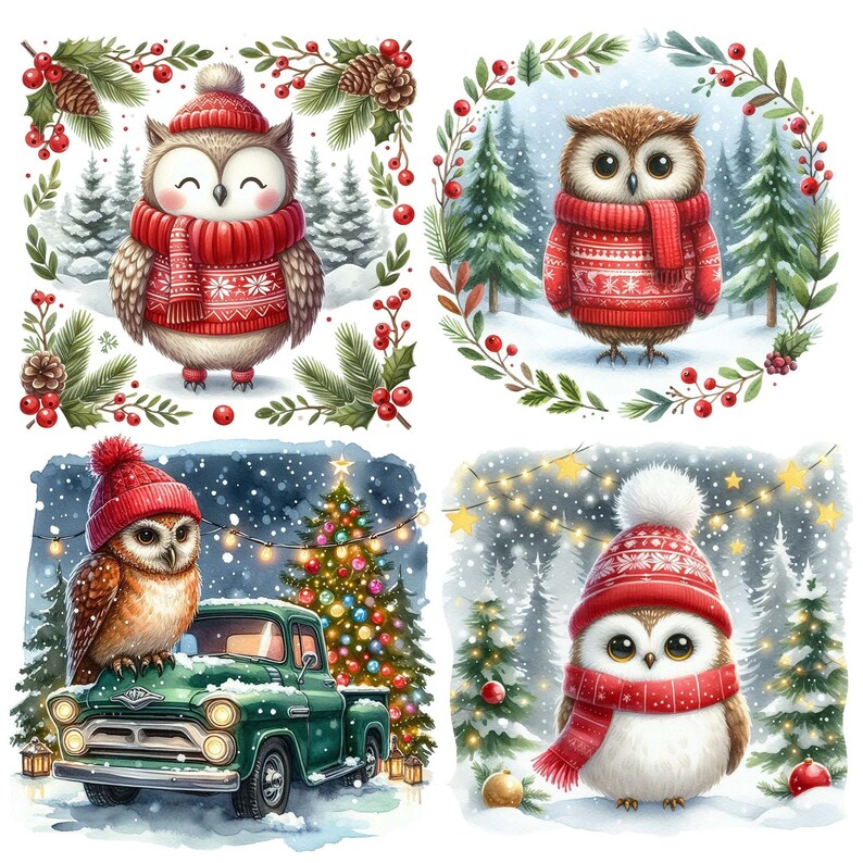15 Winter Owl Clipart Bundle, Watercolor Christmas Owl Clipart, Animal ...