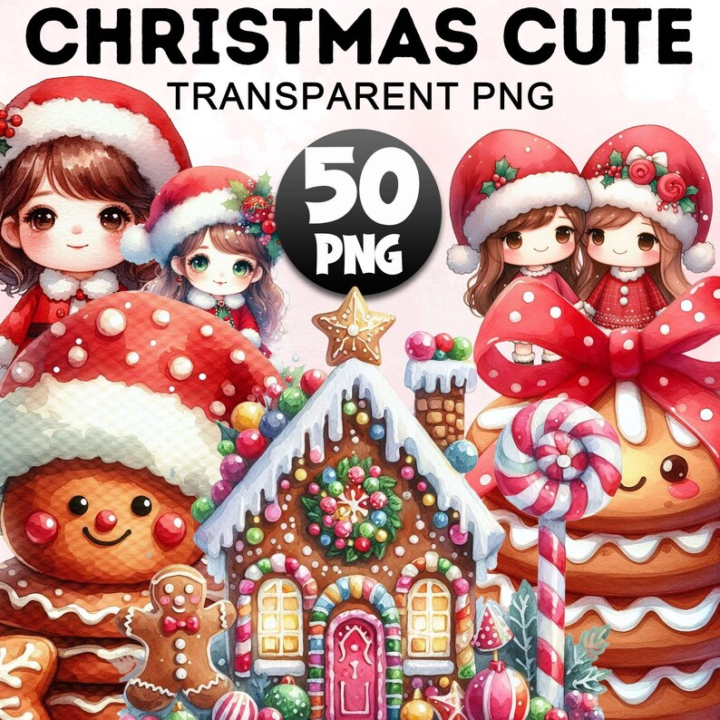 50 Cute Christmas Clipart Bundle, Watercolor Christmas Cute Clipart ...