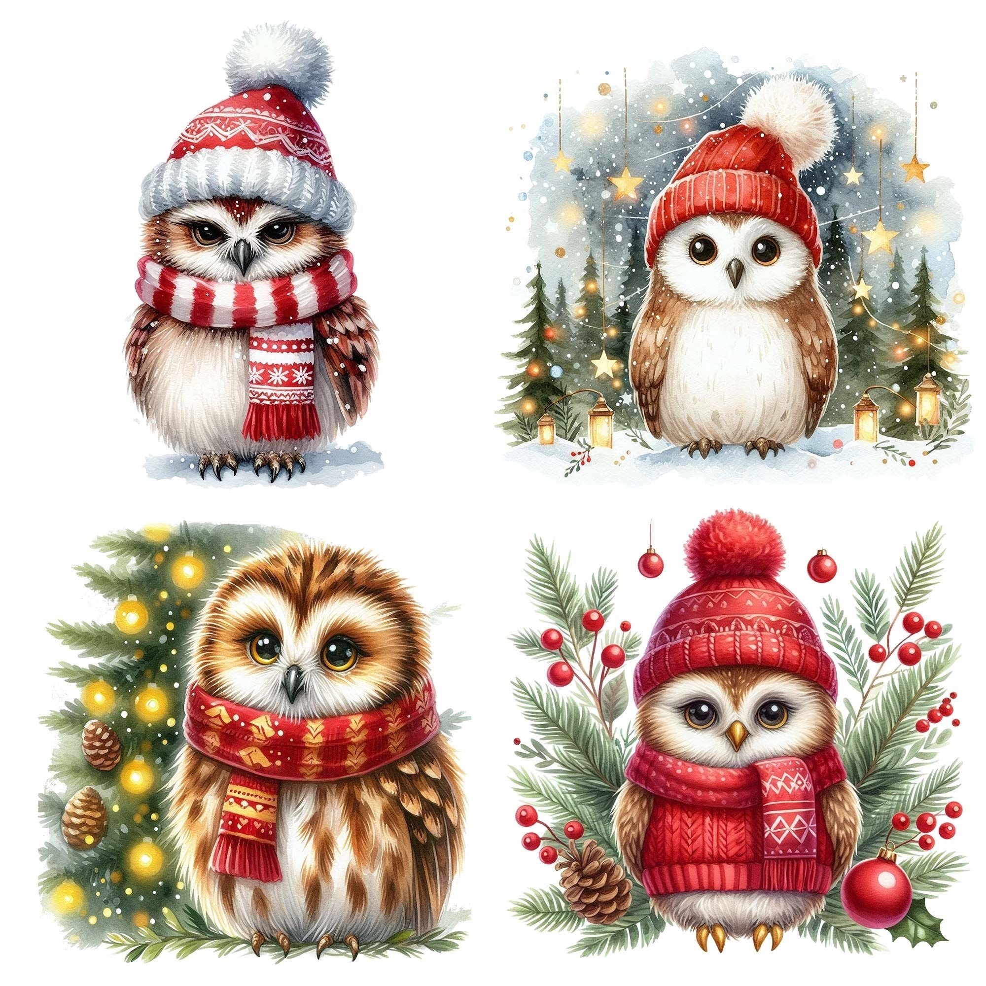 15 Winter Owl Clipart Bundle, Watercolor Christmas Owl Clipart, Animal ...