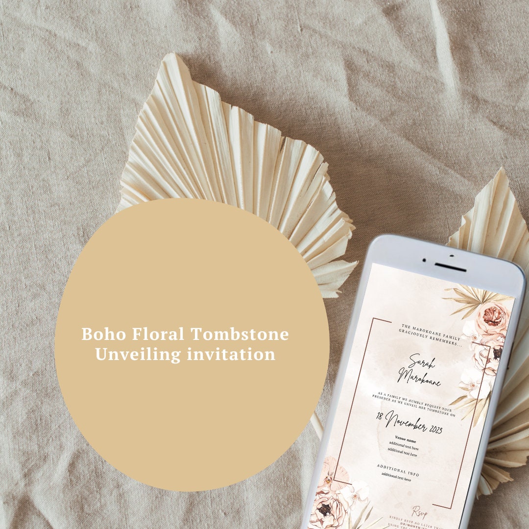 Boho Memorial Invitation Template Editable Tombstone Unveiling ...