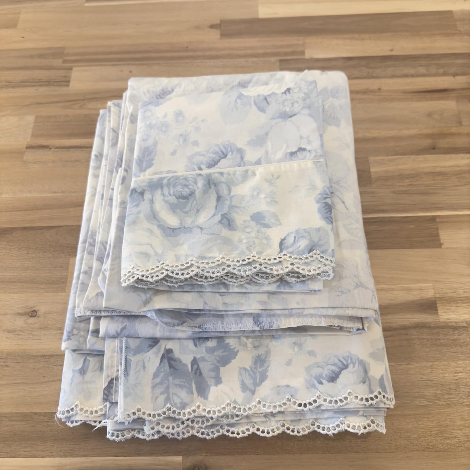 RARE Eileen West Martex Queen Sheet Set 4PC Blue Peony Floral Eyelet ...