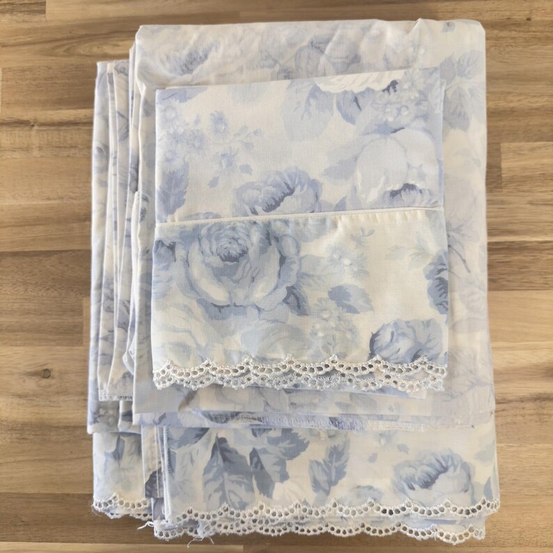 RARE Eileen West Martex Queen Sheet Set 4PC Blue Peony Floral Eyelet ...