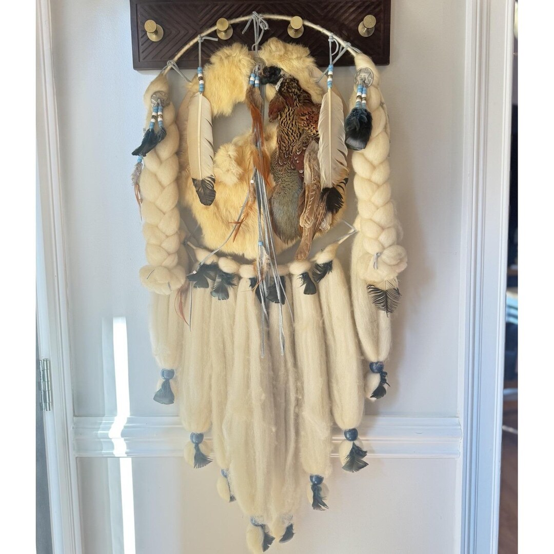 Vintage Native Large Dream Catcher Wall Hanging Fur Feathers 41" Boho ...
