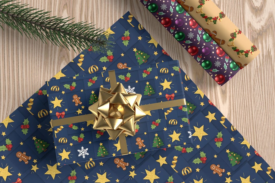 Elegant Blue Christmas Ornaments Wrapping Paper Roll, Festive Gift Wrap ...