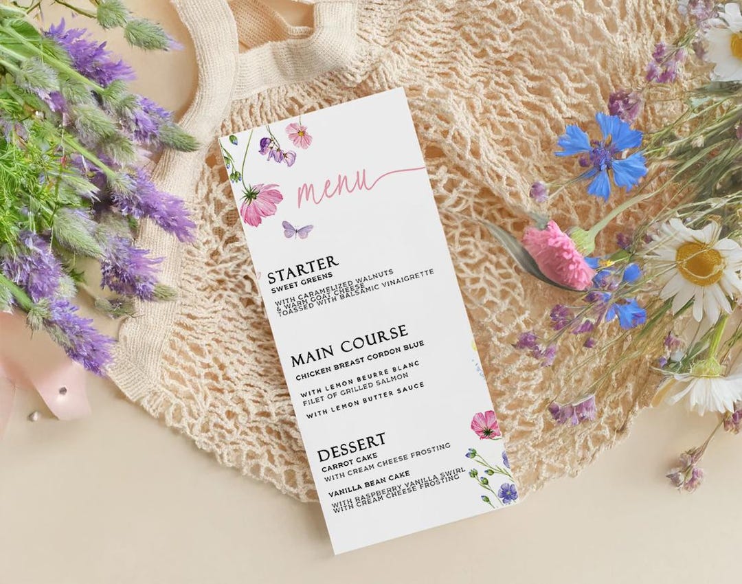 Love in Bloom Wildflower Wedding Menu & Game Card – Editable Front and ...
