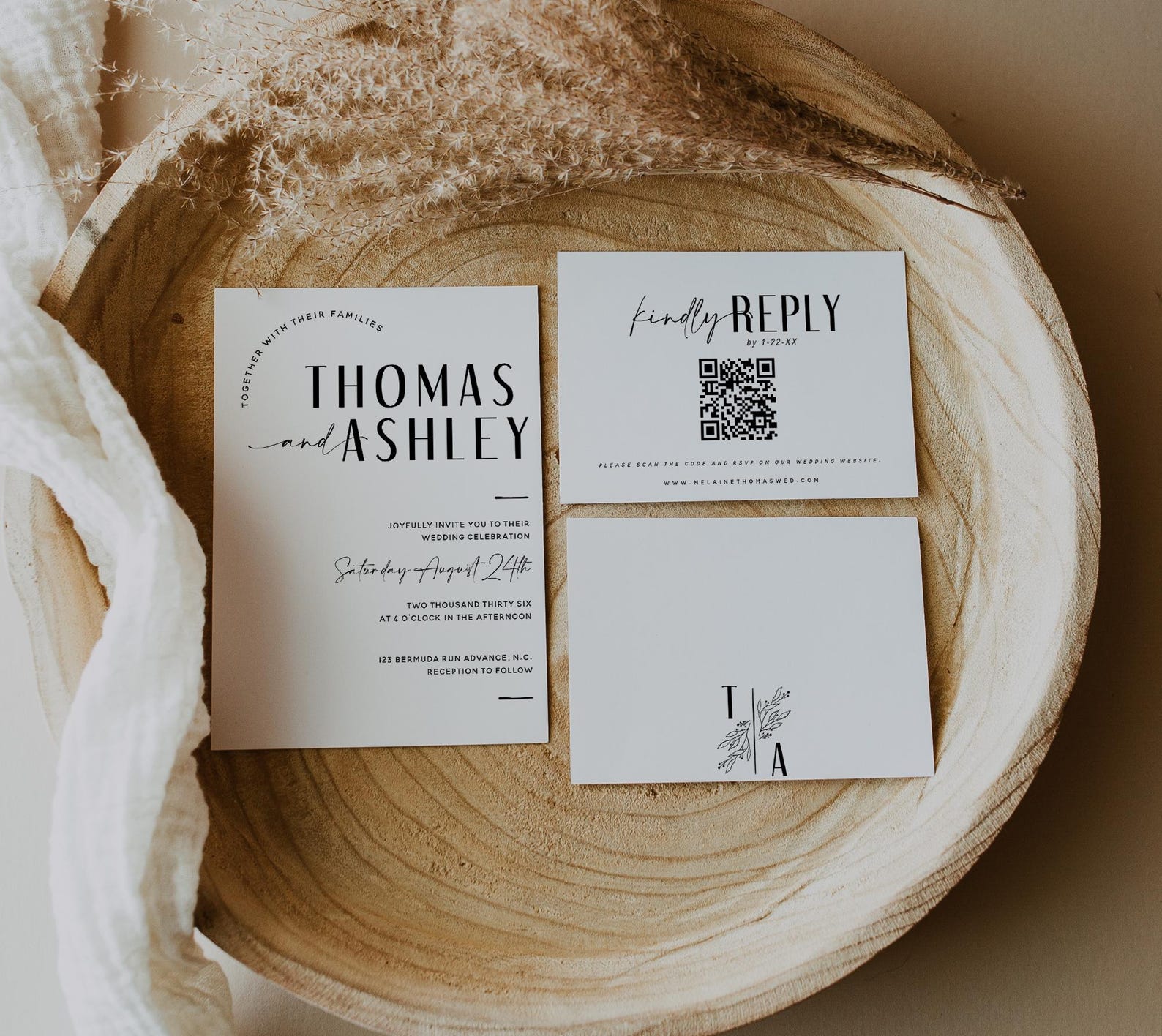 White Minimalistic Wedding Invitation Set, Editable Corjl Templates ...