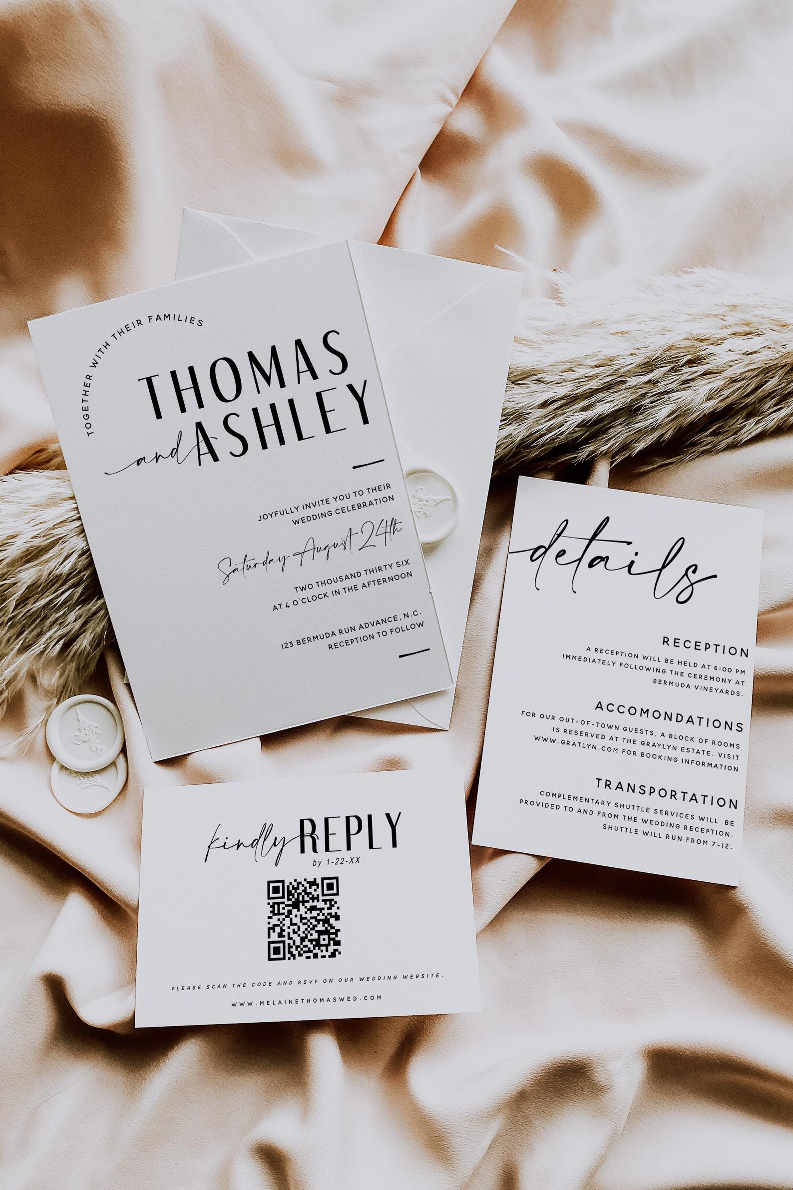 White Minimalistic Wedding Invitation Set, Editable Corjl Templates ...