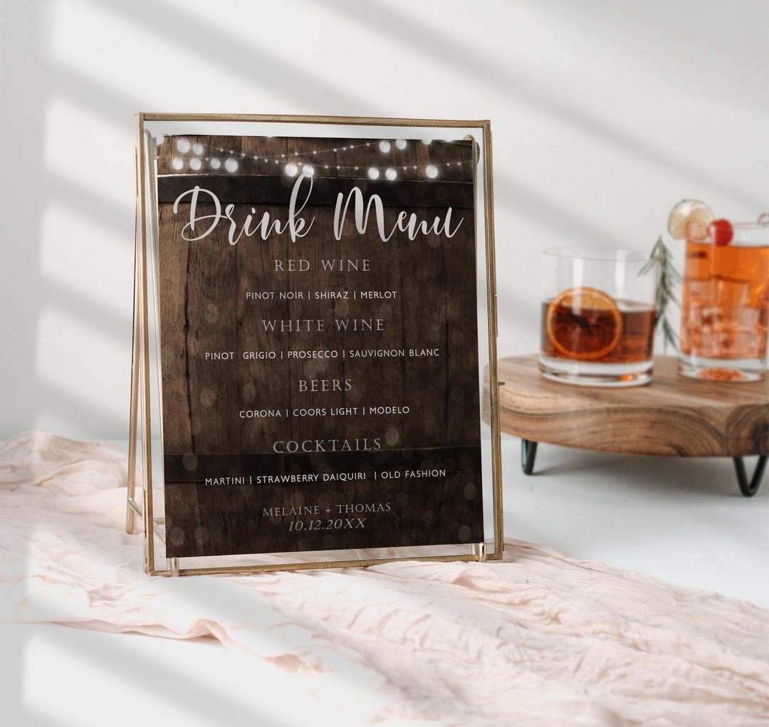 Country Rustic Drink Menu Sign – 8x10 Editable Template – Wedding Drink ...