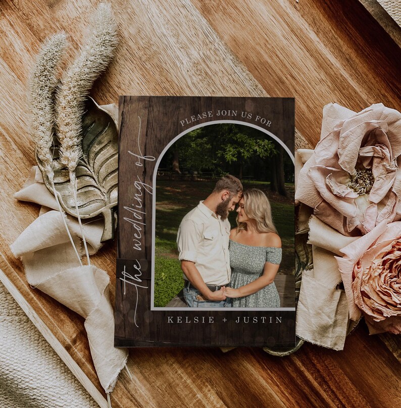 Country Rustic Wood Photo Wedding Invitation, Minimalistic Arch Design ...