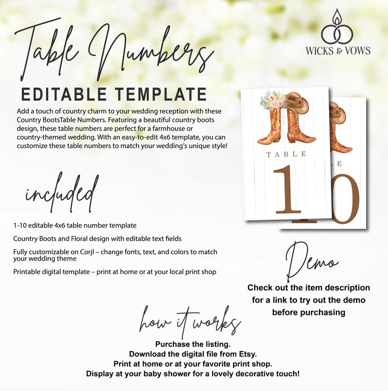 Country Boots Table Numbers | Editable 4x6 Corjl Template | Cowboy ...