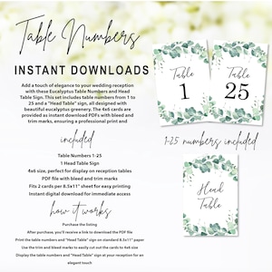 Eucalyptus Table Numbers 1-25 & Head Table | Instant Download | 4x6 ...